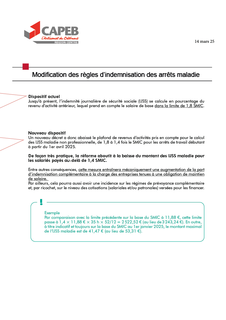 Modification des règles d’indemnisation des arrêts maladie ・ CAPEB